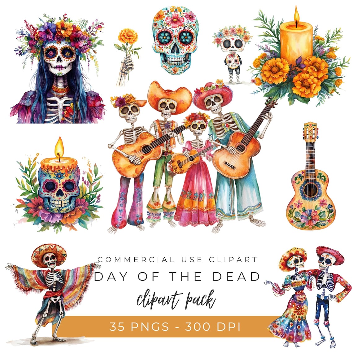 Day of the Dead Clipart, Sugar Skull Illustrations, Dia De Los Muertos ...
