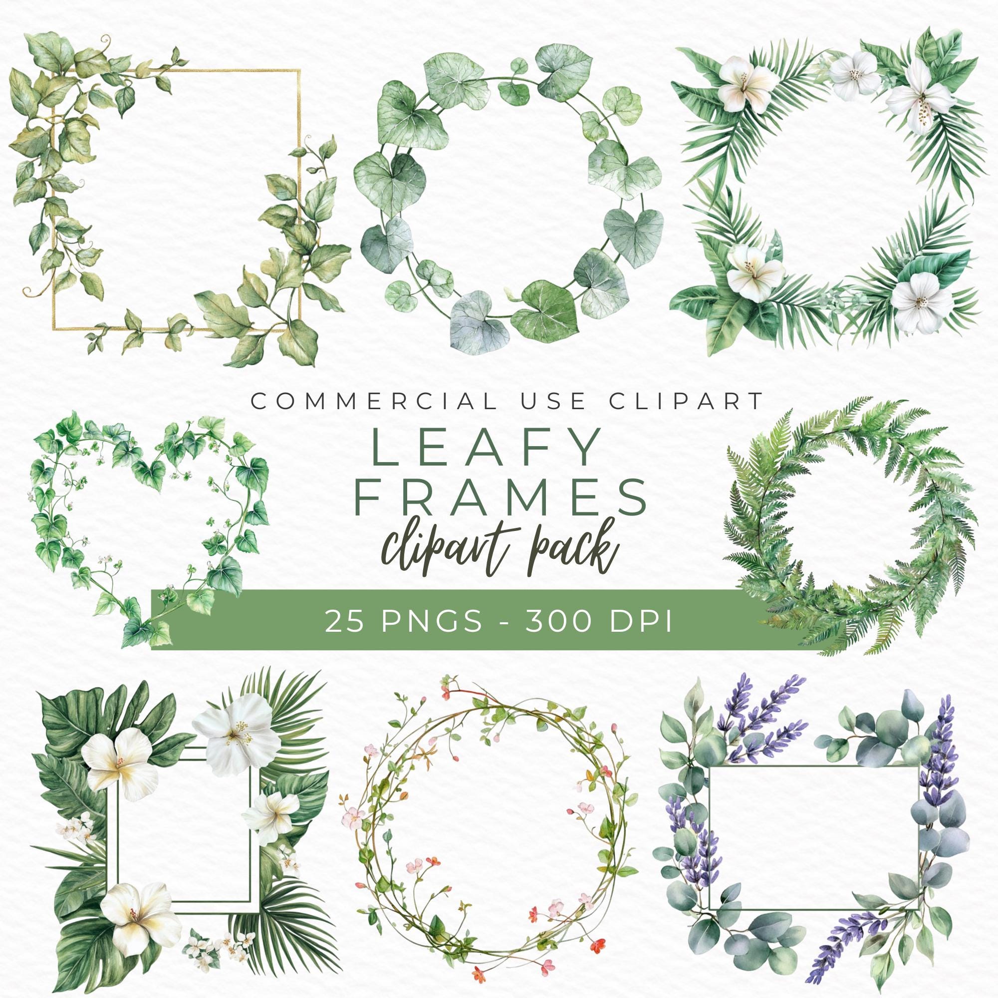 Leafy Frames Clipart, Botanical Frame PNG, Floral Wreath Art, Greenery ...