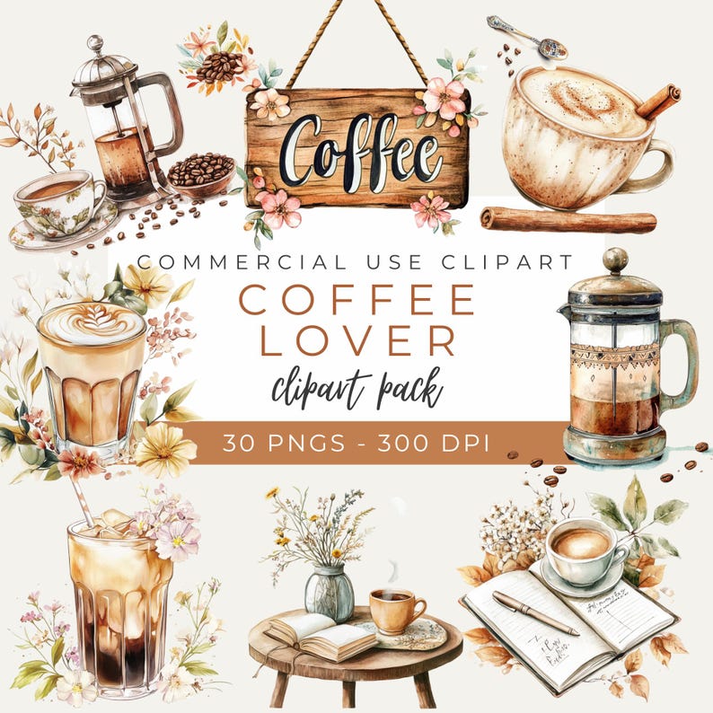 Coffee Lover Clipart Pack, Boho Coffee Illustrations, Watercolor Coffee ...