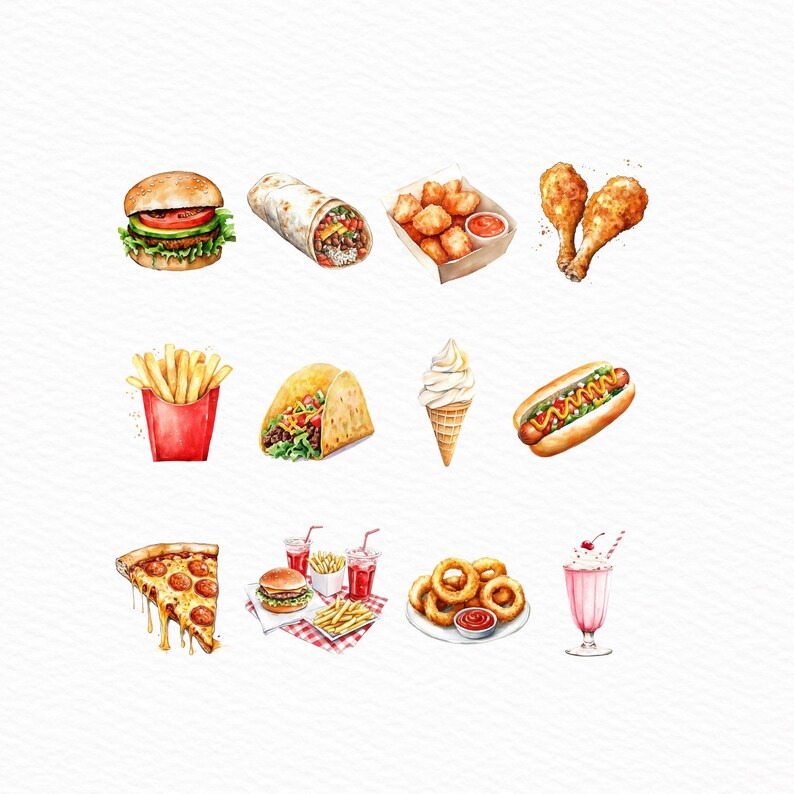 Fast Food Clipart, Watercolor PNG, Burger and Fries Illustration, Junk ...