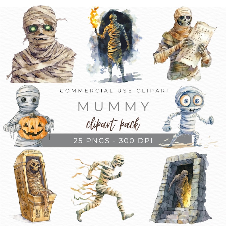 Mummy Clipart, Watercolor PNG, Cute Halloween Illustration, Egyptian ...