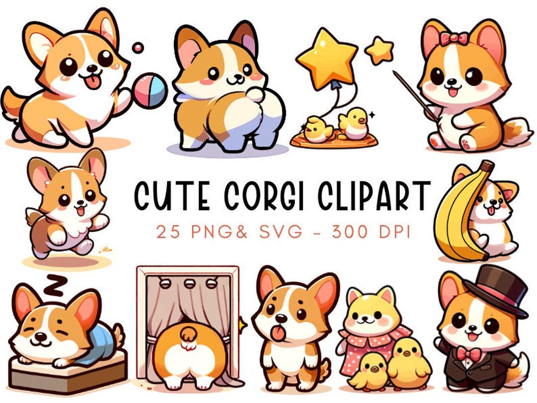 25 Kawaii Corgi Clipart Set Cute Corgi Butt Funny Dogs Digital Clipart ...