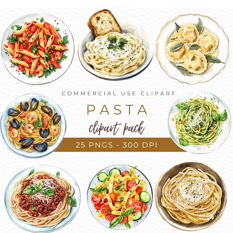 Pasta Clipart, Watercolor PNG, Spaghetti Illustration, Pasta Shapes Art ...