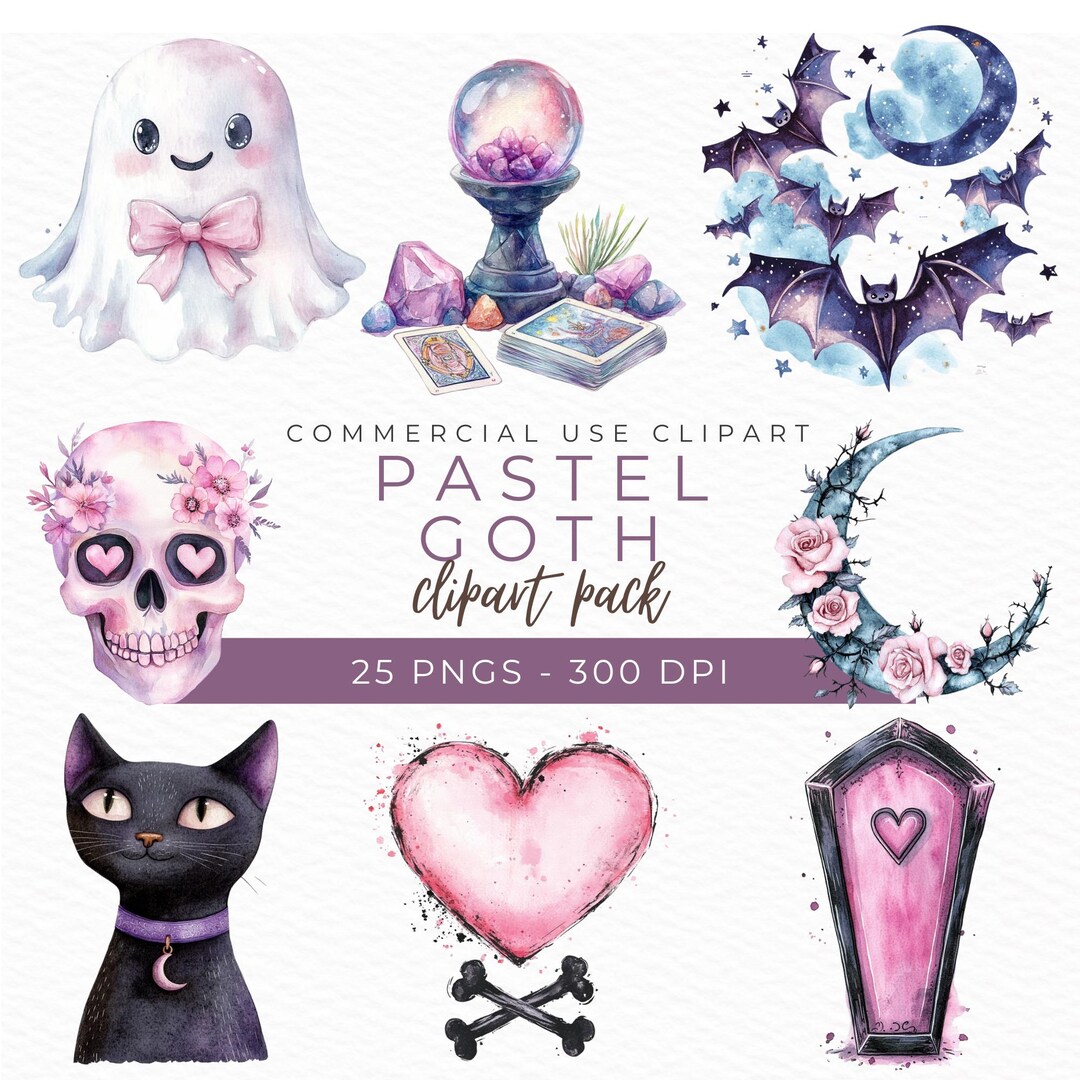 Pastel Goth Clipart, Watercolor PNG, Cute Spooky Aesthetic Art, Soft ...