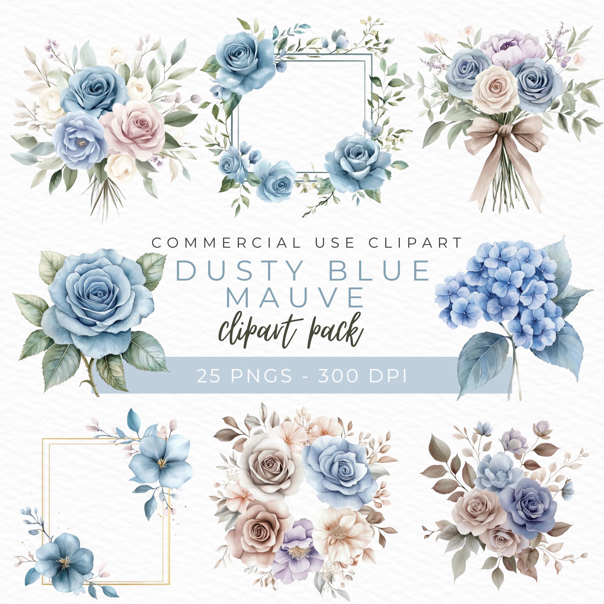 Dusty Blue Mauve Floral Clipart, Watercolor Bouquet PNG, Wedding ...