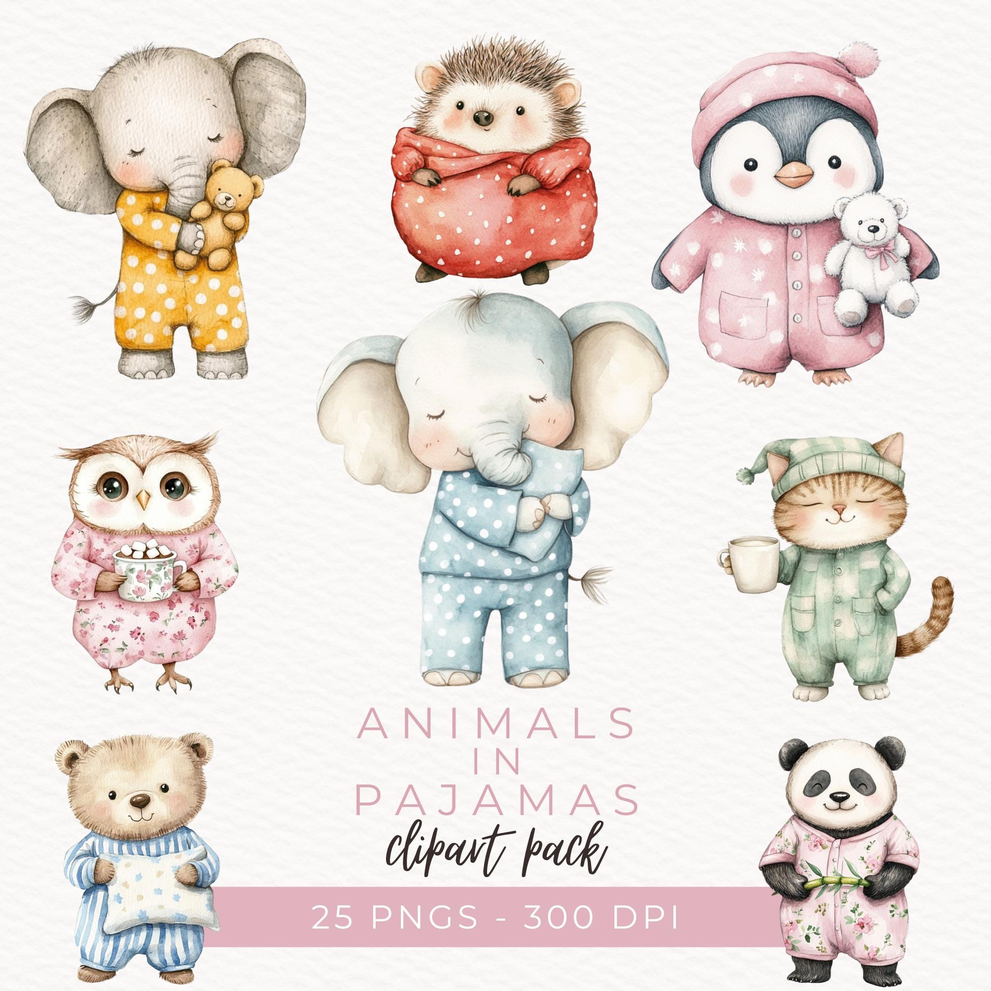 Animals Wearing Pajamas Clipart, Cute Nursery Art, Woodland Animals ...