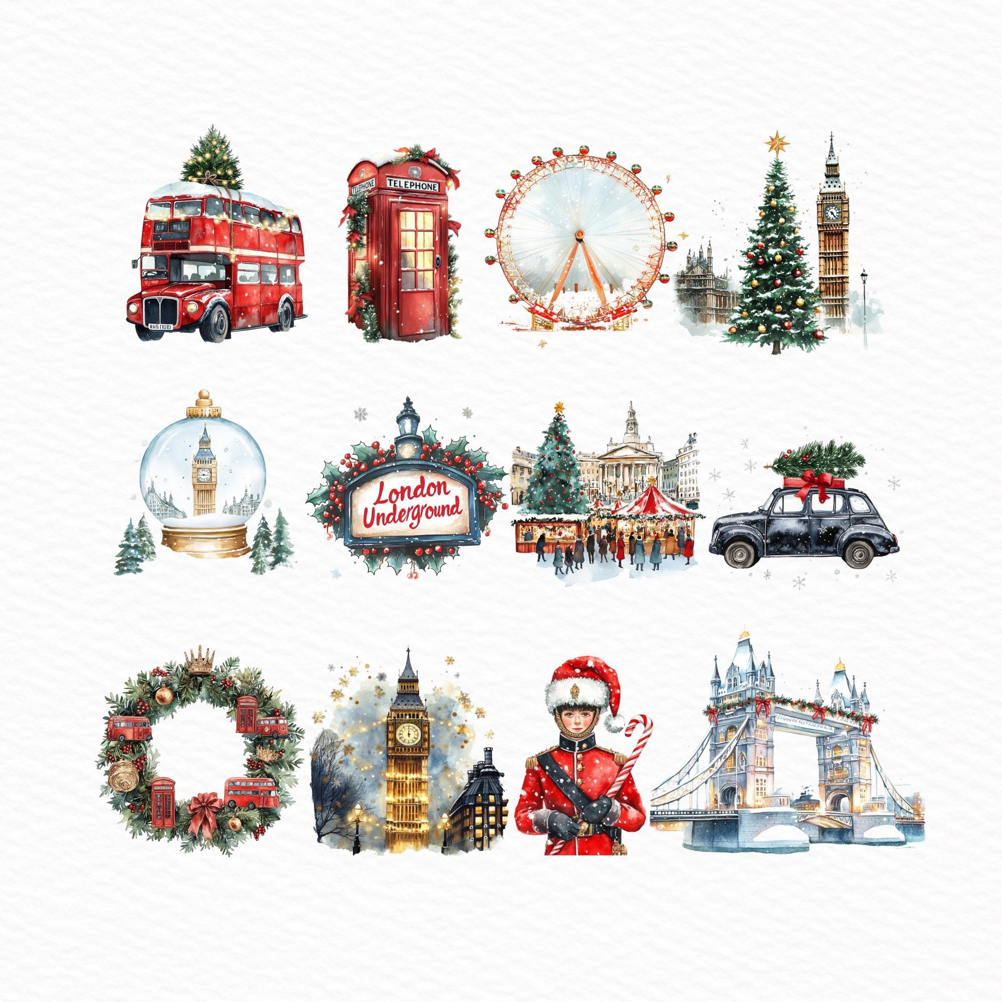 London Christmas Clipart, Holiday London Art, Watercolor Festive ...