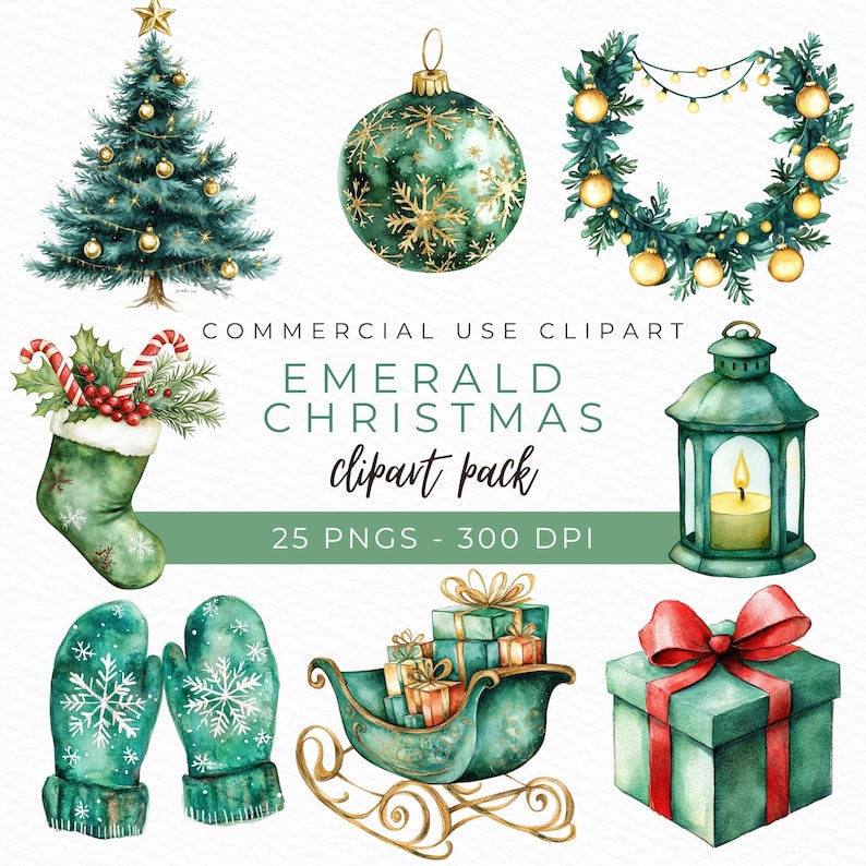 Emerald Green Christmas Clipart, Watercolor Holiday Art, Festive ...