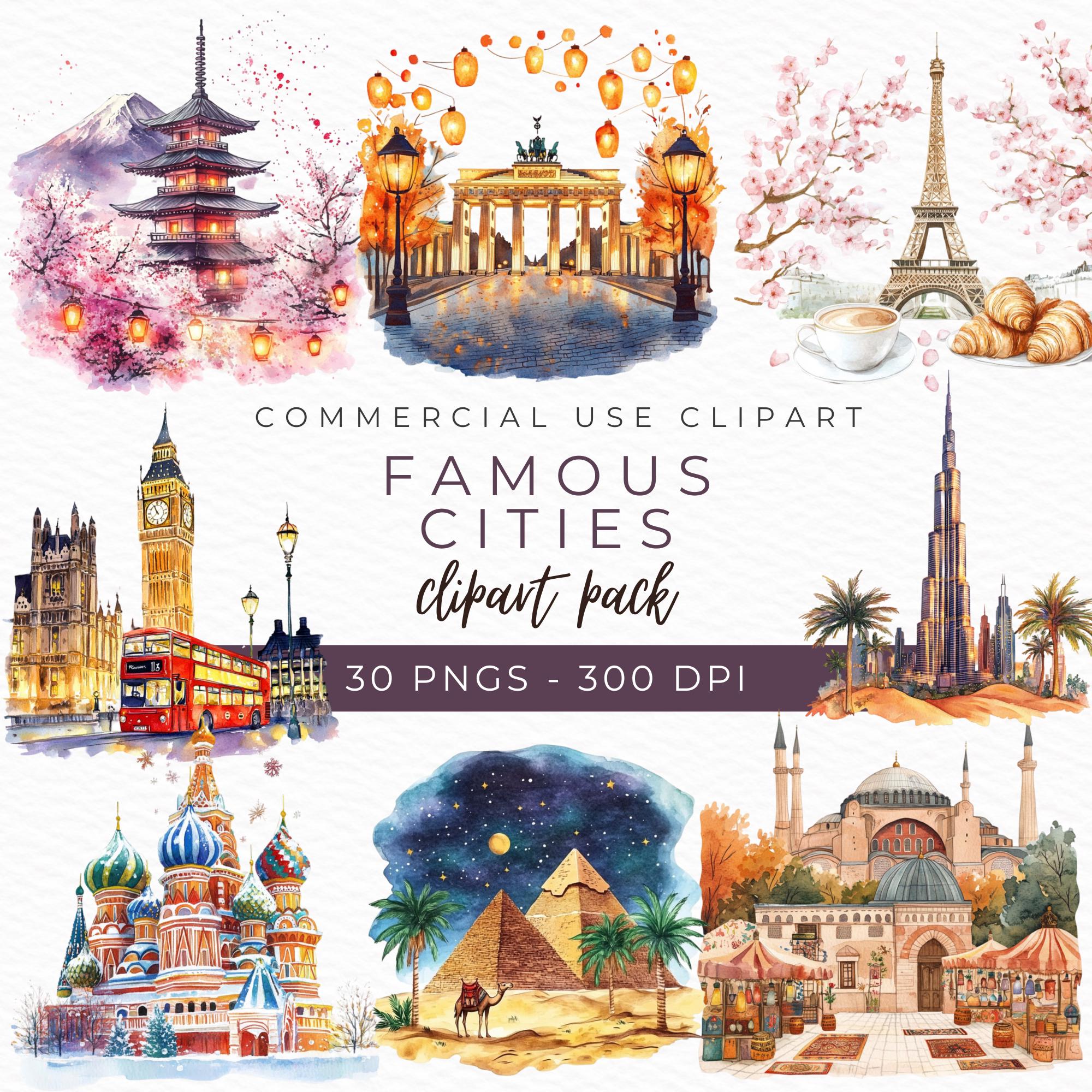 Famous Cities Clipart, Watercolor Landmarks Art, Travel Clipart ...