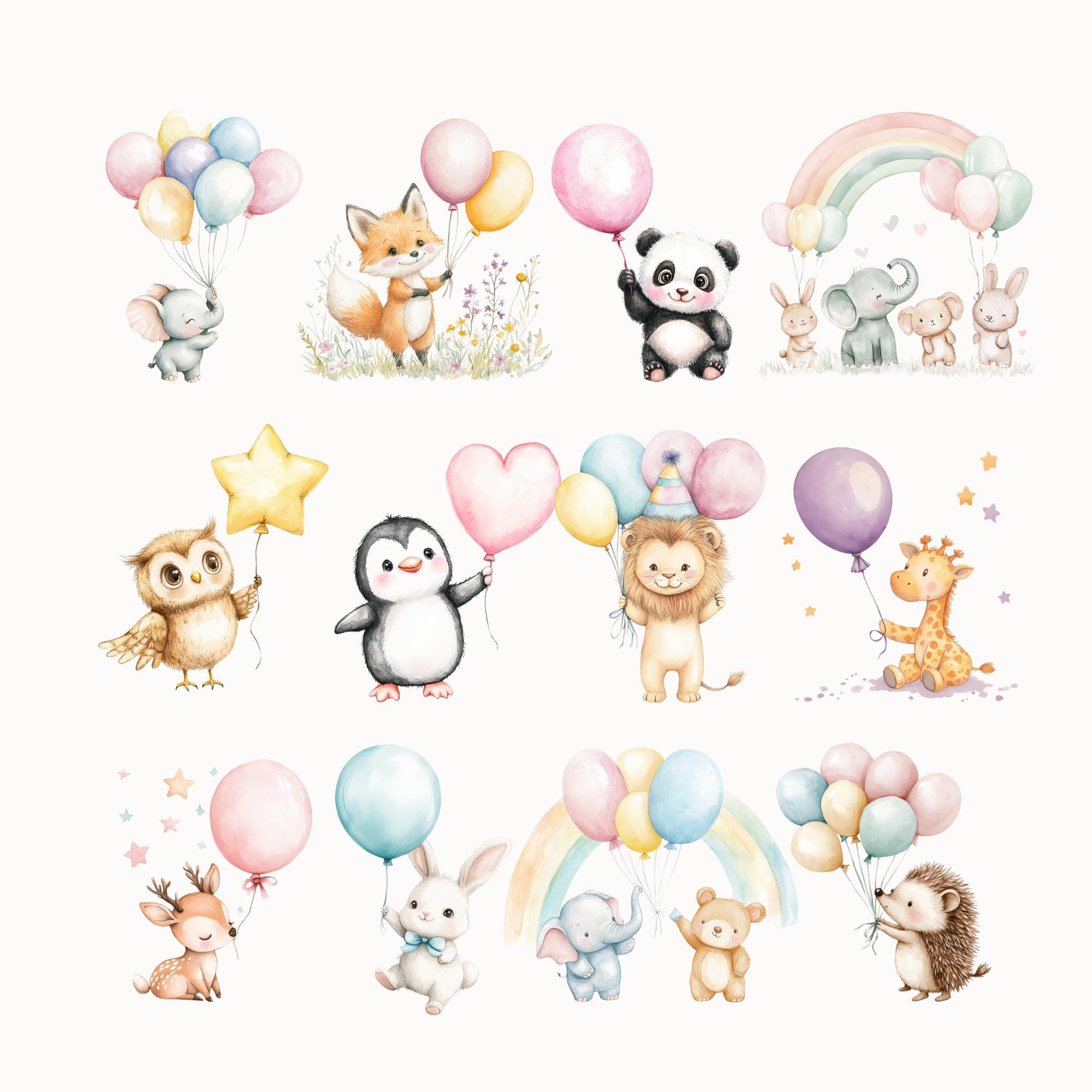Watercolor Baby Animal With Balloon Clipart, Cute Animal Clipart, Baby ...