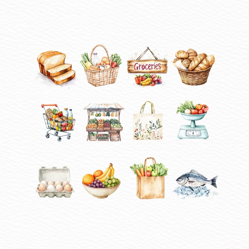 Groceries Clipart, Shopping Bag PNG, Market Graphics, Bread and ...