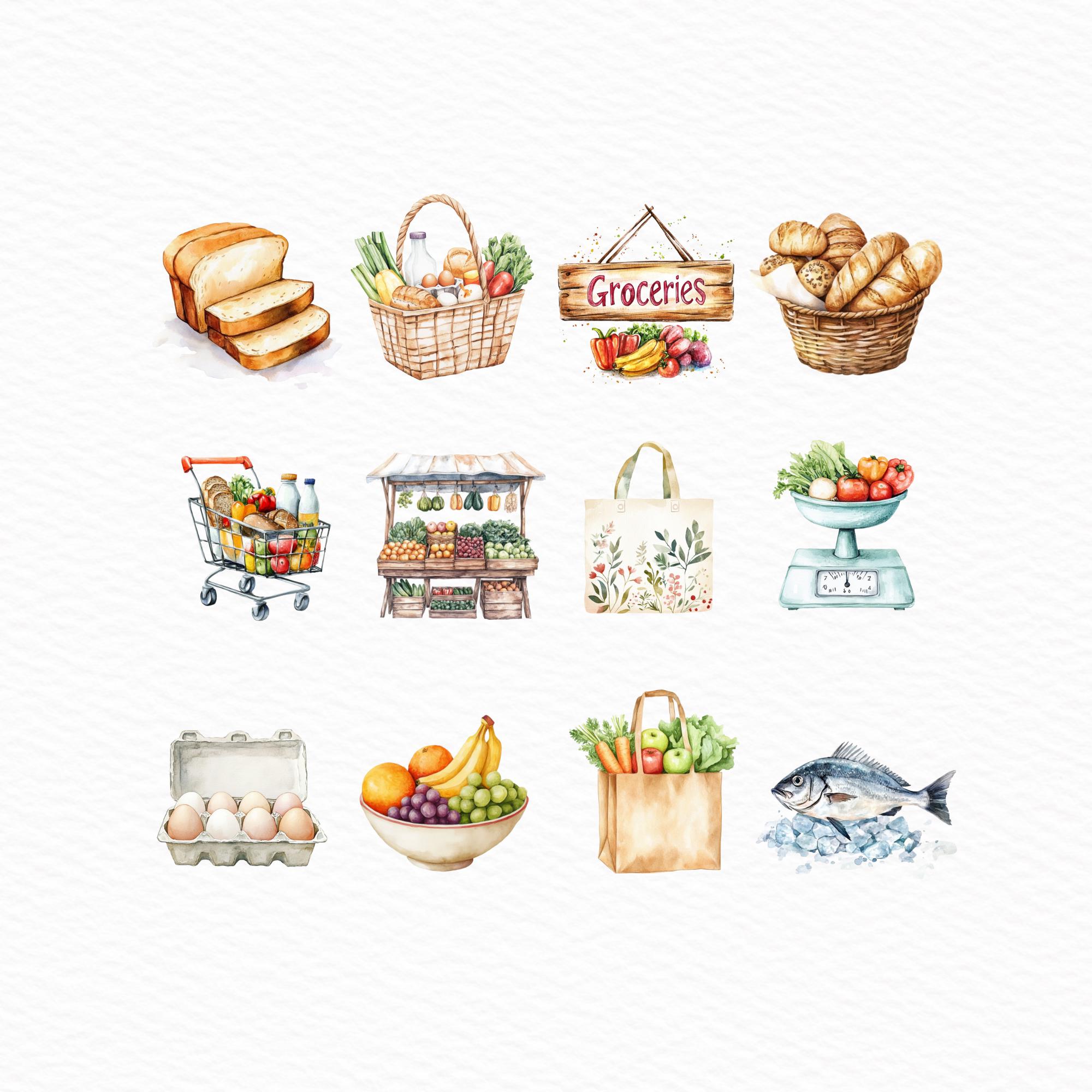 Groceries Clipart, Shopping Bag PNG, Market Graphics, Bread and ...