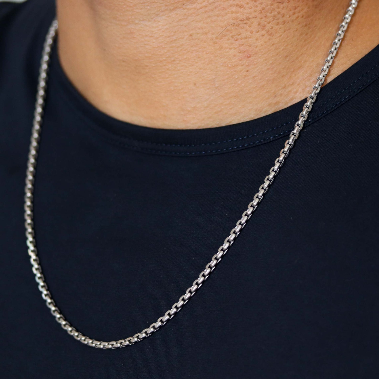 Round Box Chain, Box Chain Necklace for Men, White Gold Box Chain, Box ...