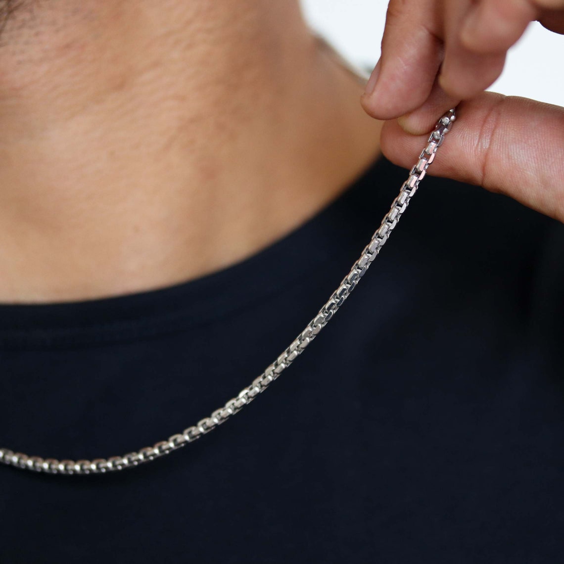 Round Box Chain, Box Chain Necklace for Men, White Gold Box Chain, Box ...