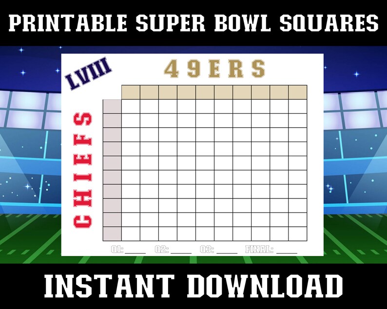 Printable Super Bowl Squares Game, Super Bowl 2024 Predictions, Super ...