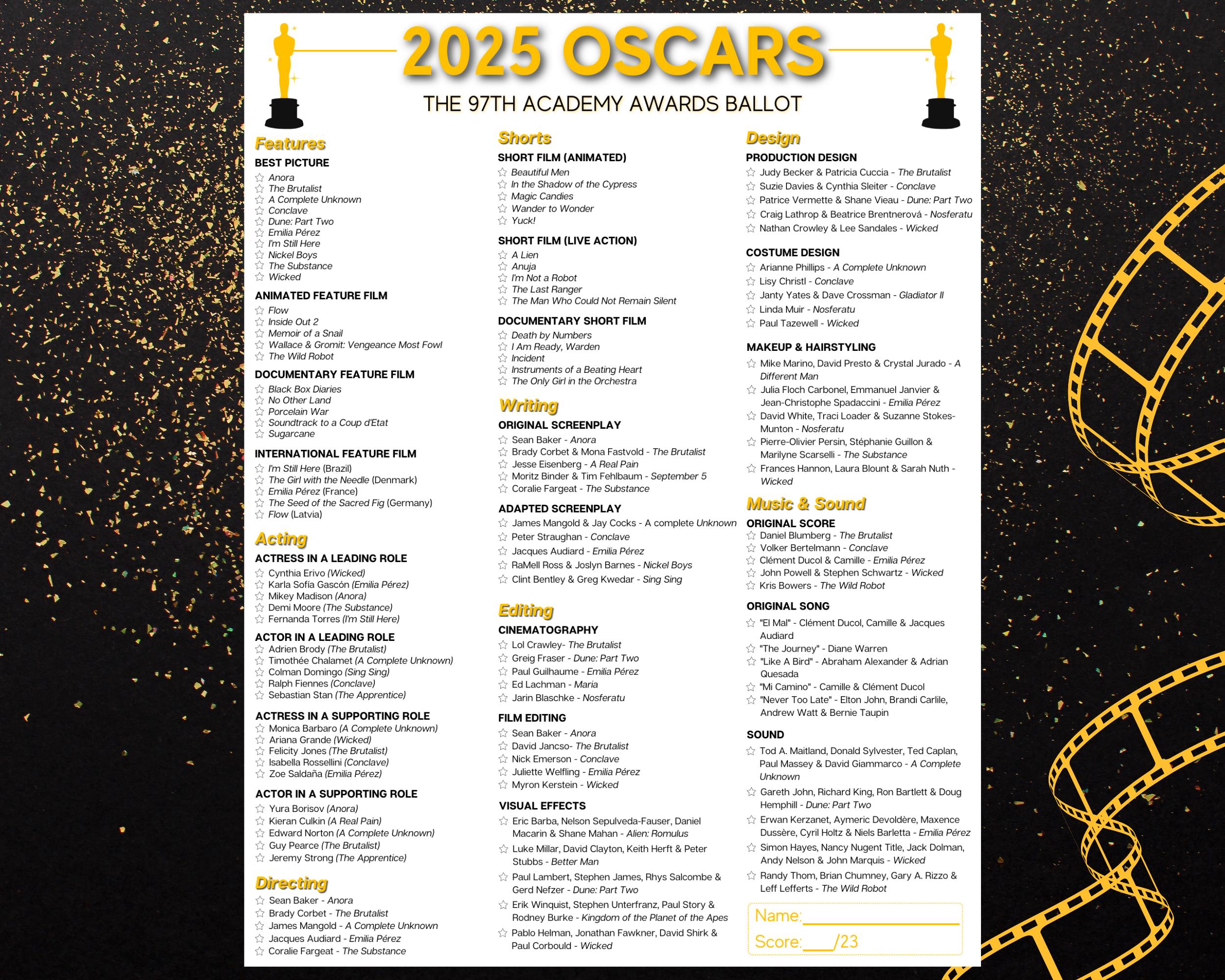 2025 Oscars Ballot: 97th Academy Awards Party Game (printable PDF) - Etsy