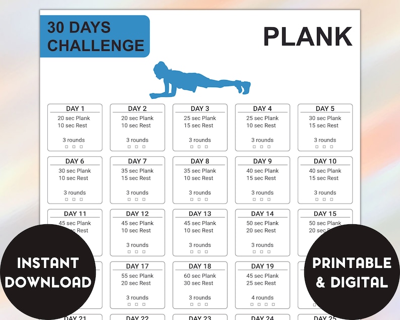 30 Day Plank Challenge: Core Workout Fitness Planner (PDF) - Etsy