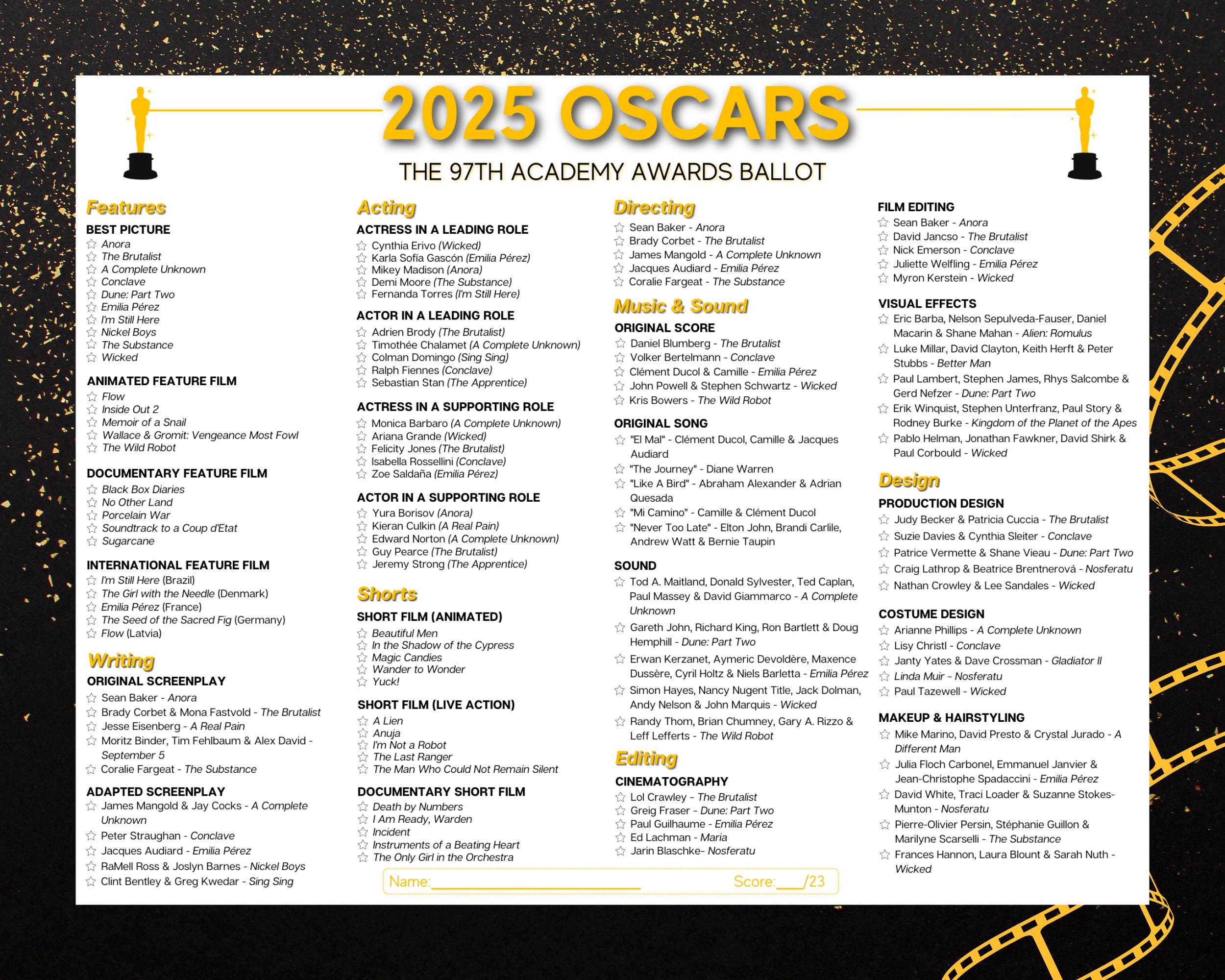 2025 Oscars Ballot: 97th Academy Awards Party Game (printable PDF) - Etsy
