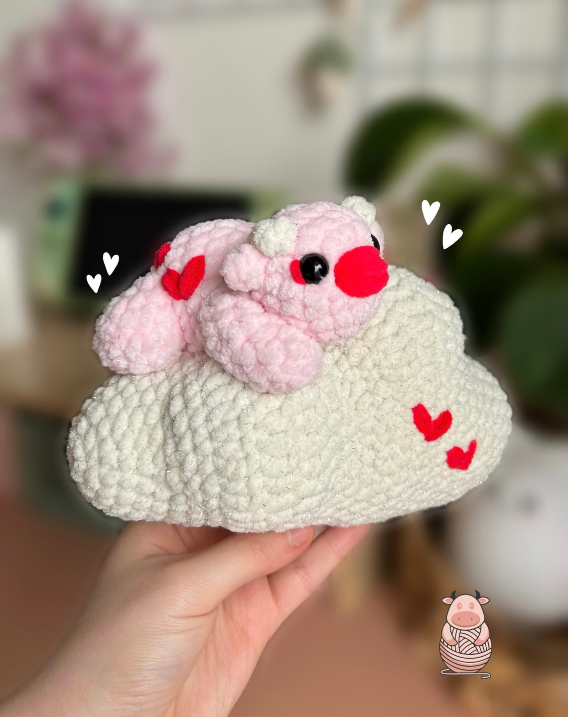 Pink Heart Cow on a Shiny Cloud Super Soft Crochet Cow Plush - Etsy