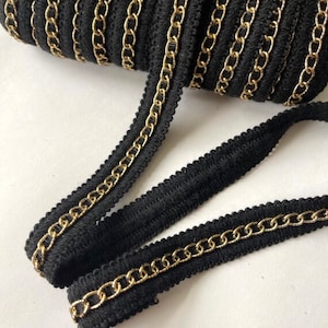 3/4" Gold Chain Edge Chain Knit Trim, Gold Metal Chain Center Knit Edge ...
