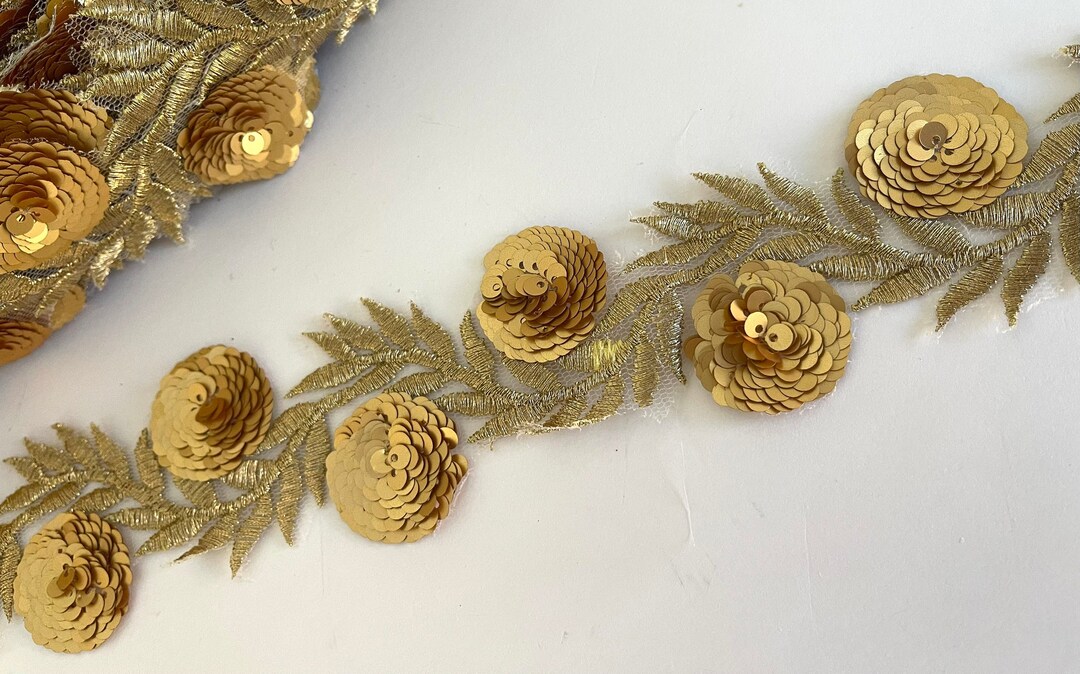 2" Sequin Gold Metallic Sequin Flower Garland Cluster Leaf Vine ...