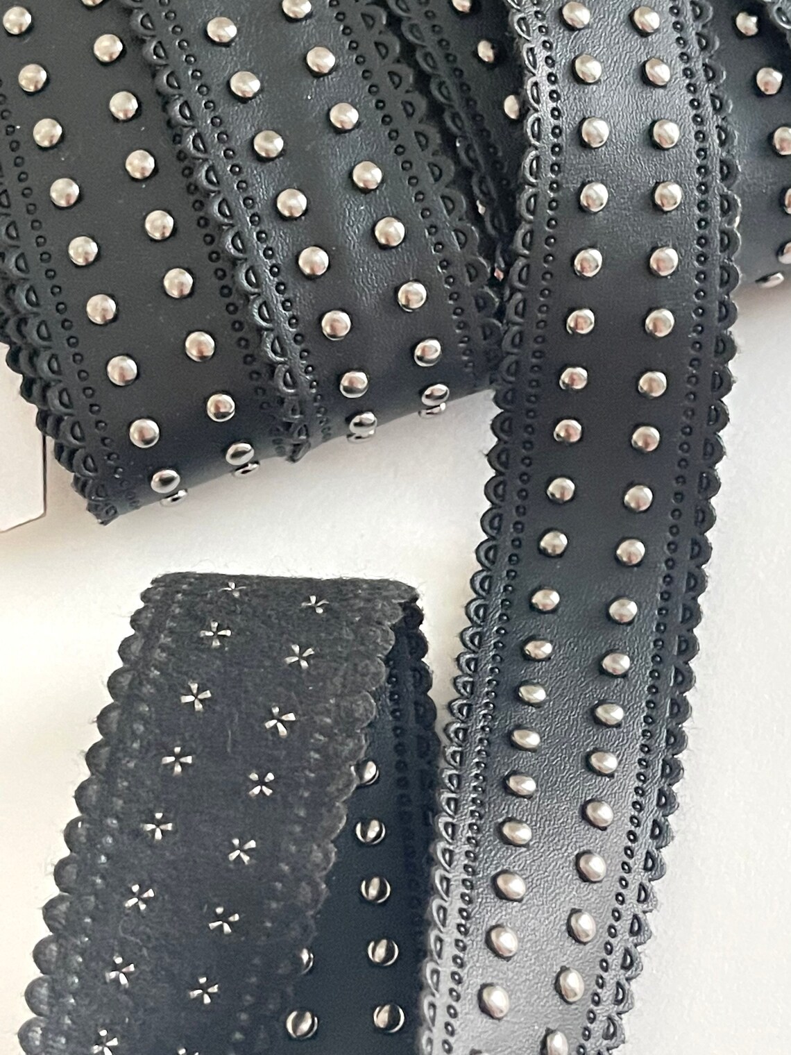 Gunmetal Round Flat Studs Studded Scalloped Double Edge Pleather Tape ...