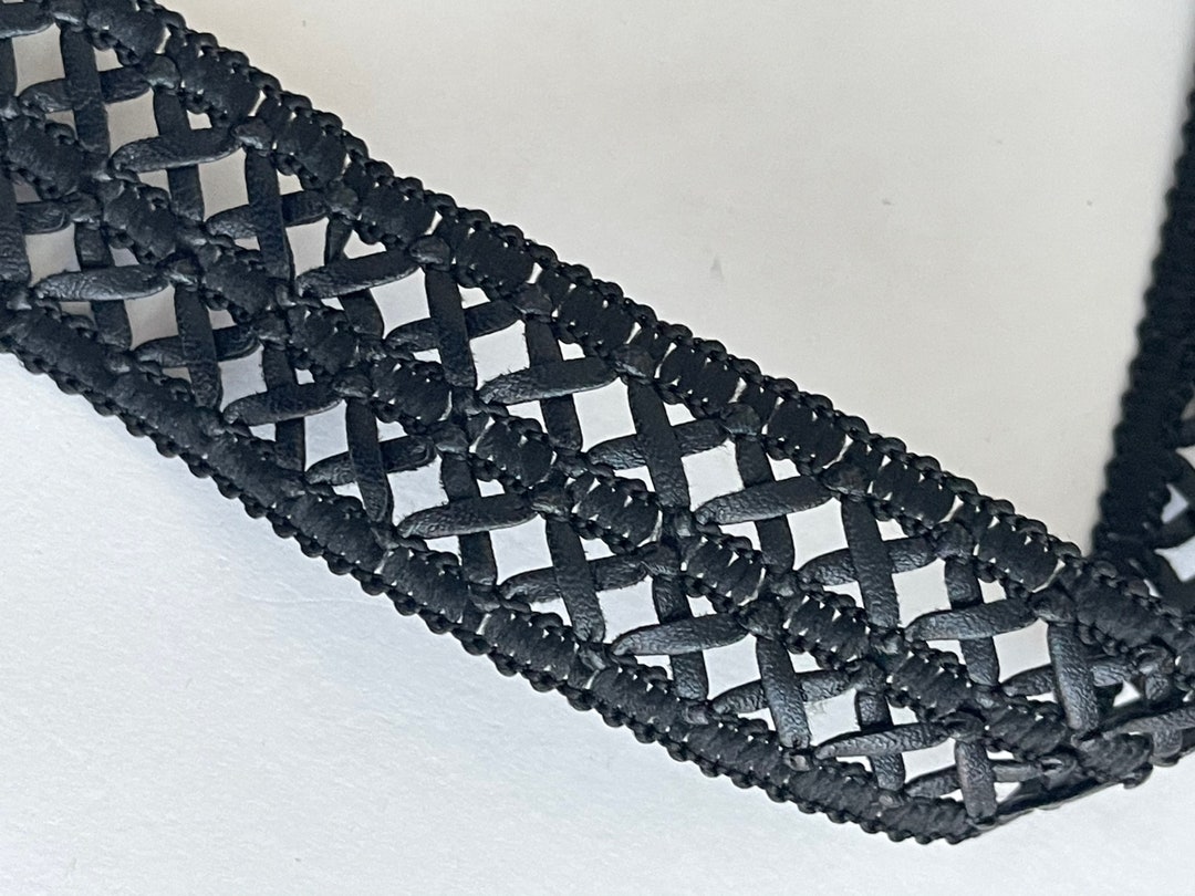 1 1/4" Black Pleather Lacing Edge Trim, Criss Cross Cut Out Illusion ...