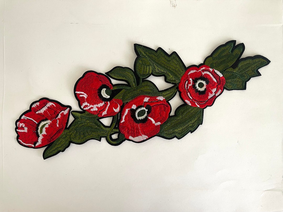 Vintage Large Poppy Floral Iron on Patch , Embroidered Red/black Poppy ...
