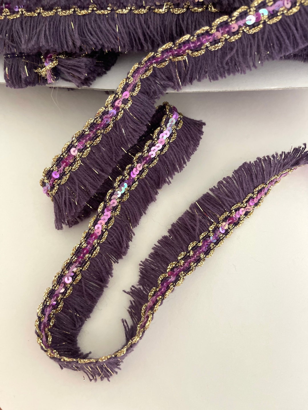 Vintage Shag Metallic Fringe Gold Gimp, Lilac Sequin Circle, Purple ...