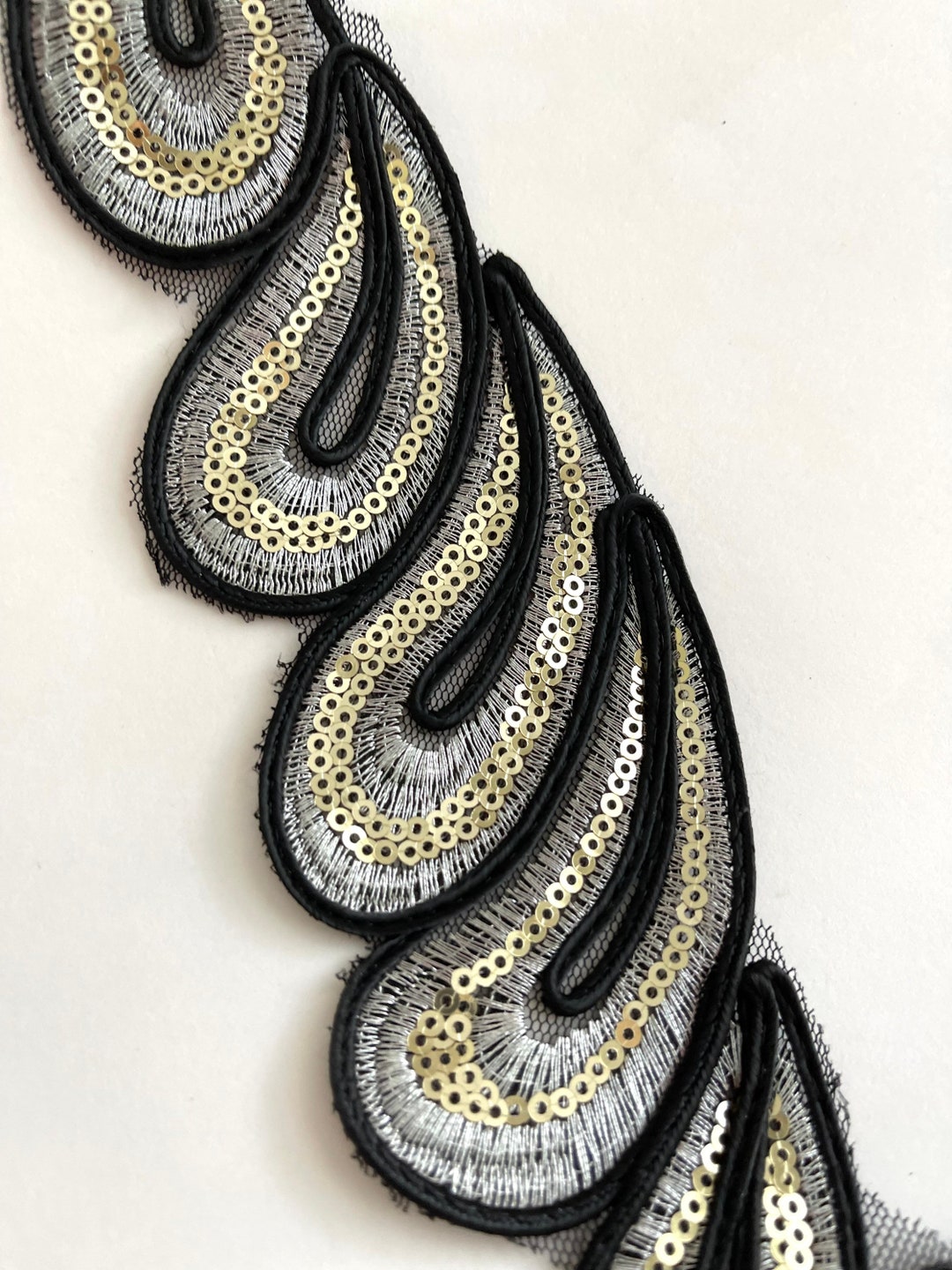 Embroidered Ant. Silver Soft Gold Sequin Neckline Applique V Shape ...