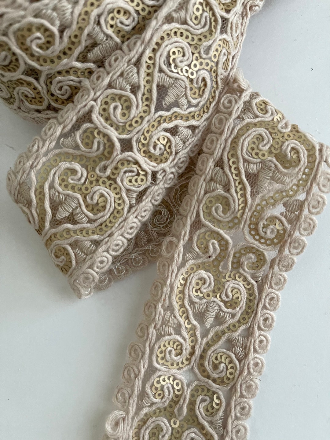 2" Natural Crochet Sequin Scroll Lace, Soft Antique Tan Ivory Sequin ...