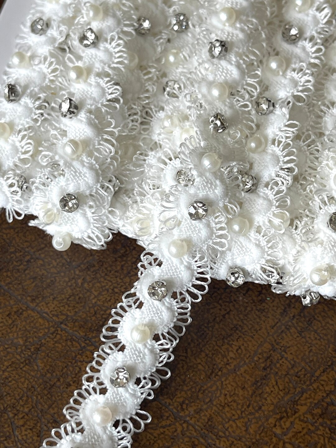 Stretch White Velvet Looped Edge With Rhinestone Pearls Fancy Edge ...