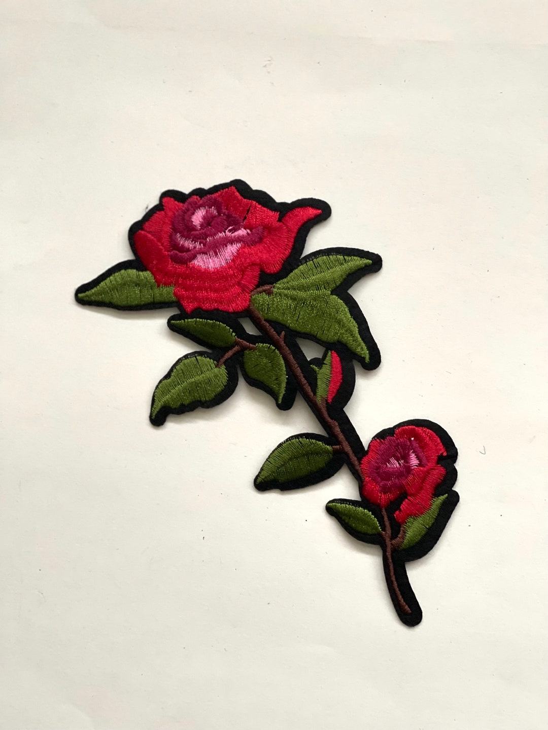 Satin Red Stem Rose Iron on Single Rose Embroidered Patch, Red Rose ...