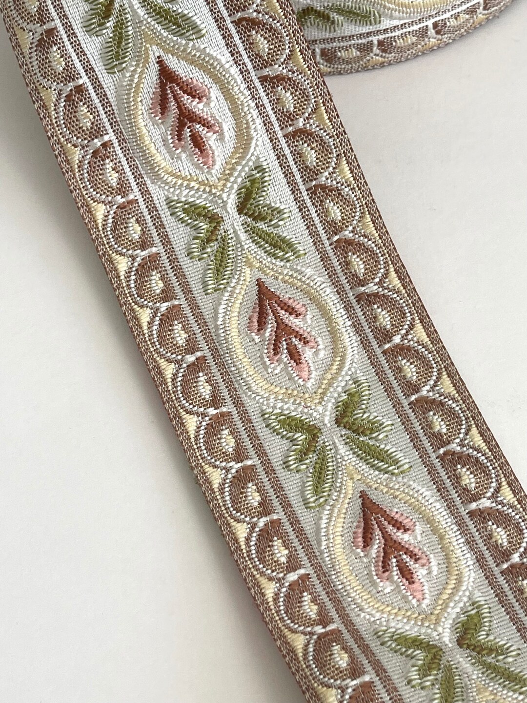 2 1/4" Vintage Natural Tones Brocade Fabric Woven Floral Embroidered ...