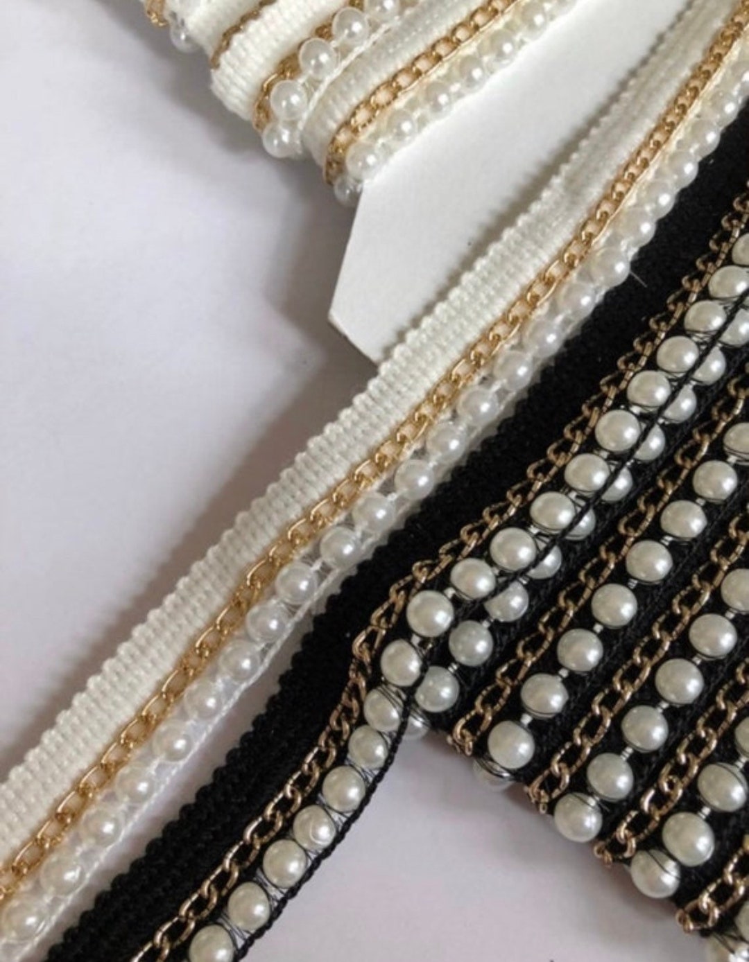 3/4" Pearls, Gold Chain Link Knit Black Trim Ribbon Pearly Beads, Chain ...