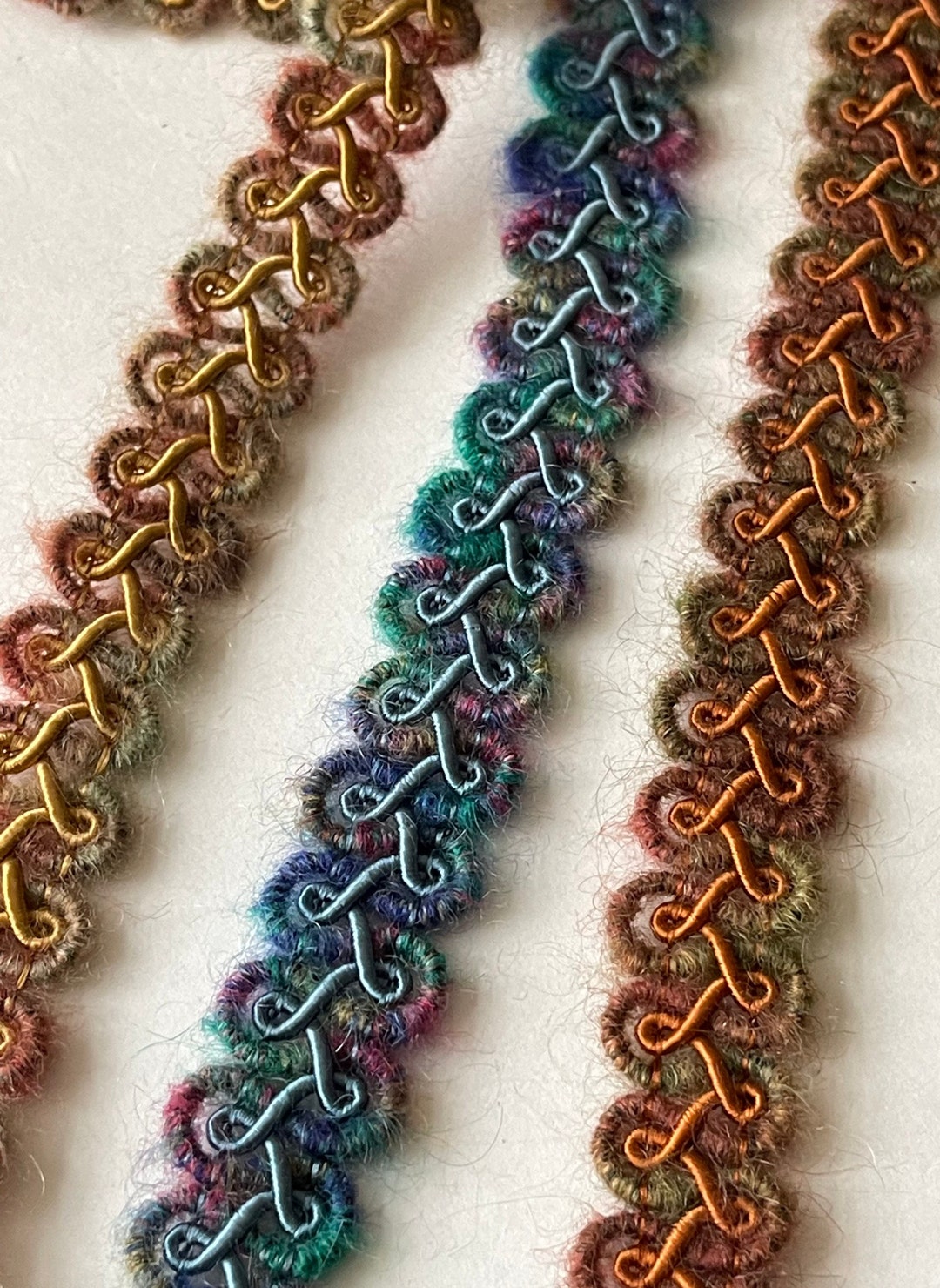 French Soft Novelty Satin Scroll Gimp Knit Trim, Gold / Copper / Teal ...