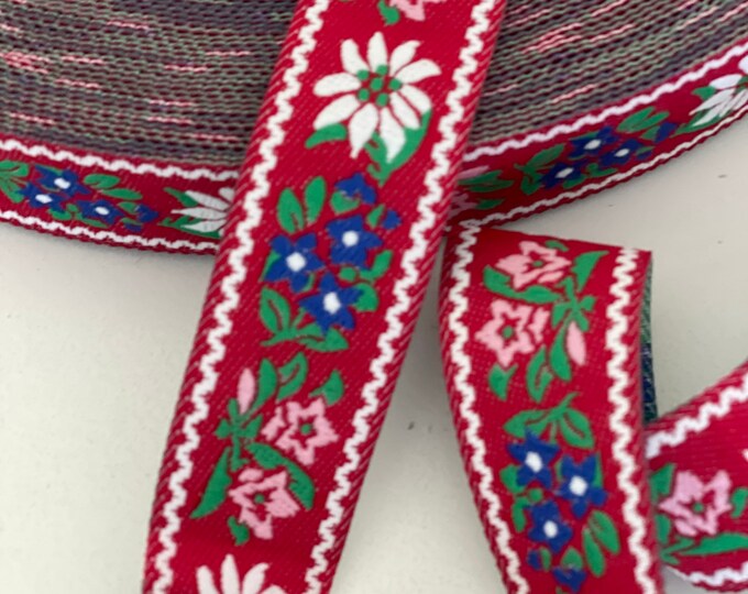 1" Vintage Woven Edelweiss Floral Embroidered Stitch Edge Bright Red ...