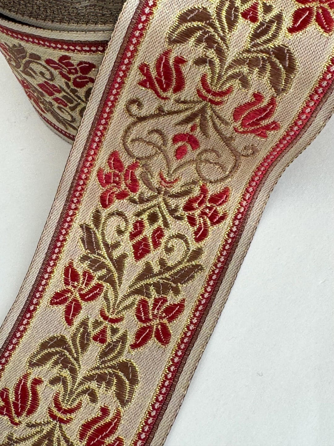 2 5/8" Vintage Soft Metallic Gold, Scarlet, Tan, Sable Soft Gold Floral ...