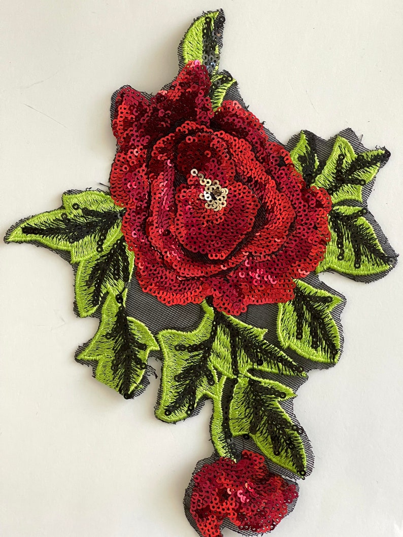 Jumbo Red Sequin Rose, Sequin Round Disc Floral Embroidered Patch, Red ...