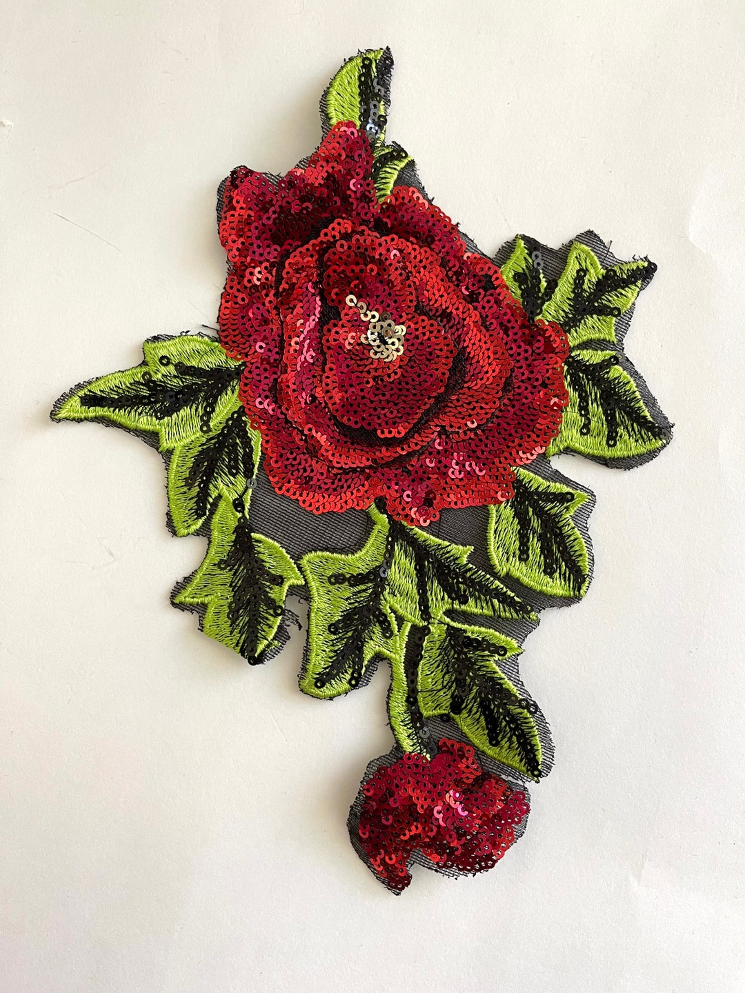 Jumbo Red Sequin Rose, Sequin Round Disc Floral Embroidered Patch, Red ...