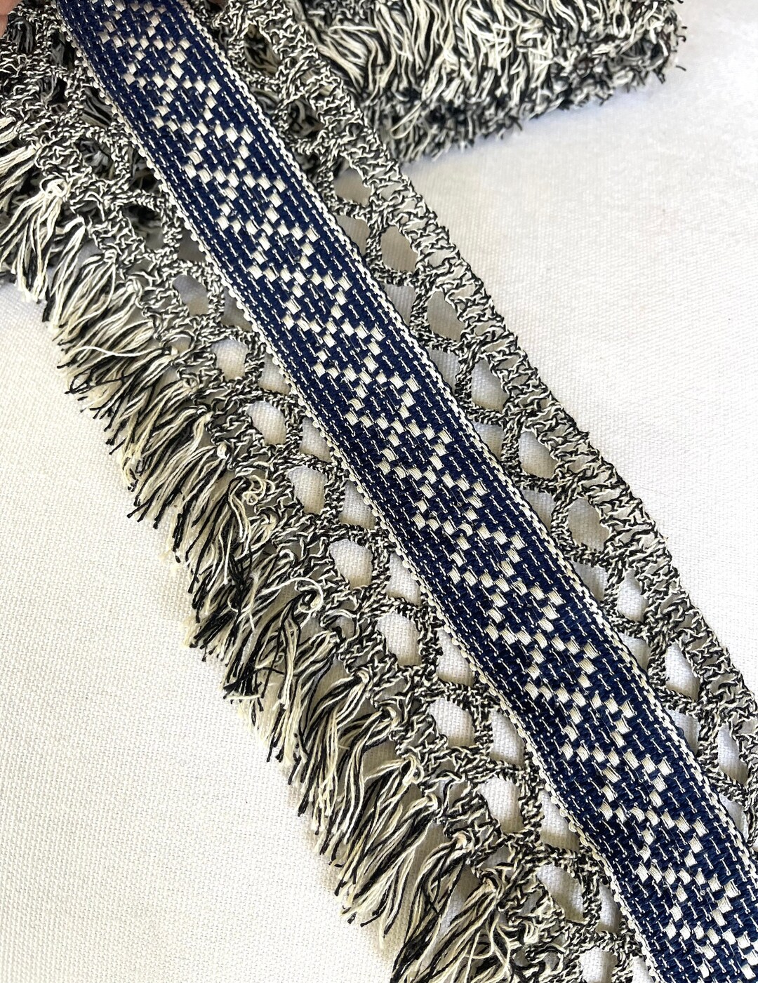 3 3/4" Woven Center Geometric Jacquard on Knit Lace Fringe, Uniqe ...