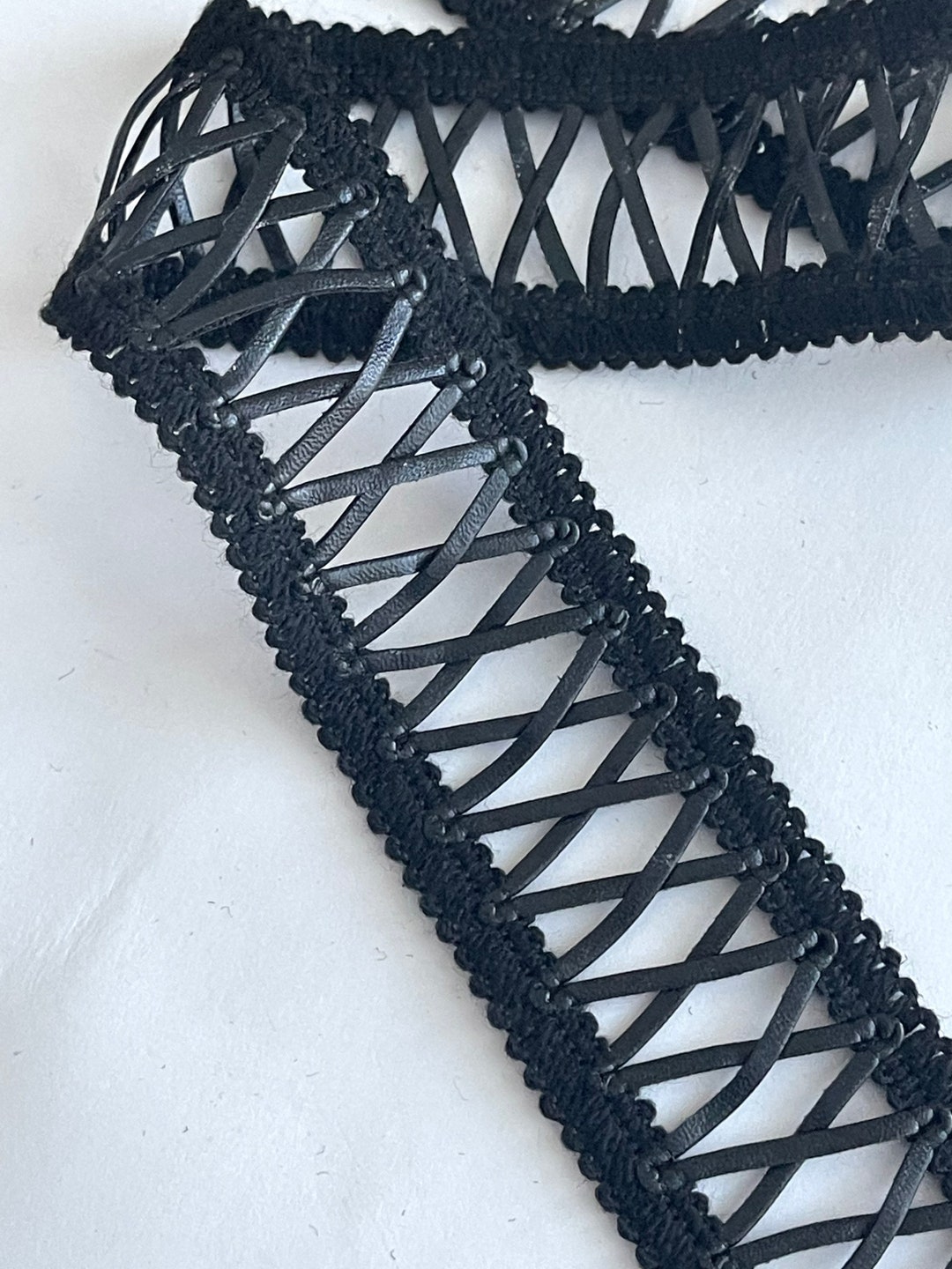 1 1/2" Black Pleather Lacing Edge Trim , Illusion Cut Out Lattice ...