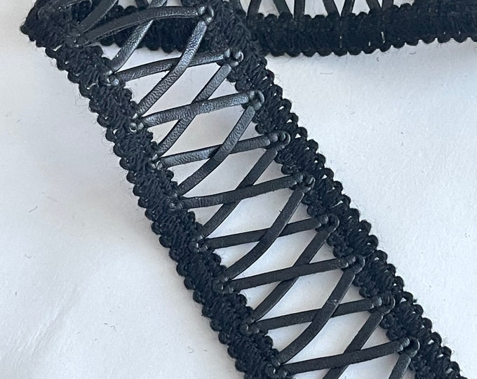 1 1/2 Black Pleather Lacing Edge Trim , Illusion Cut Out Lattice, Black ...