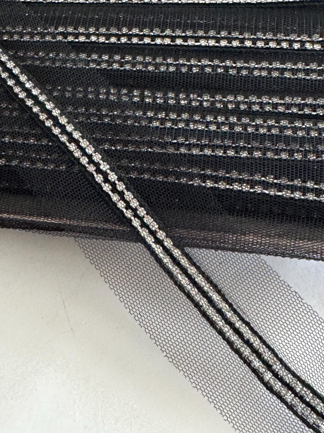 1 1/2" Jeweled 2 Row Rhinestone Silver Black Mesh Netting Ribbon Insert ...