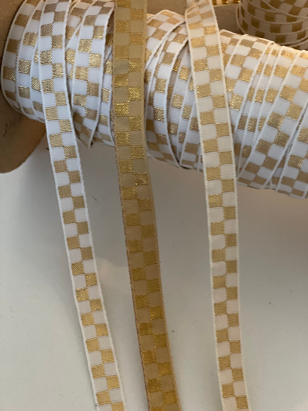 1/2" Vintage Woven Metallic Gold, Ivory, Gold Woven Checkered Checks ...