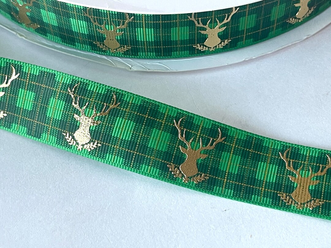 1" Metallic Gold Antler Deer, Plaid Green Hunter Green Christmas Green ...