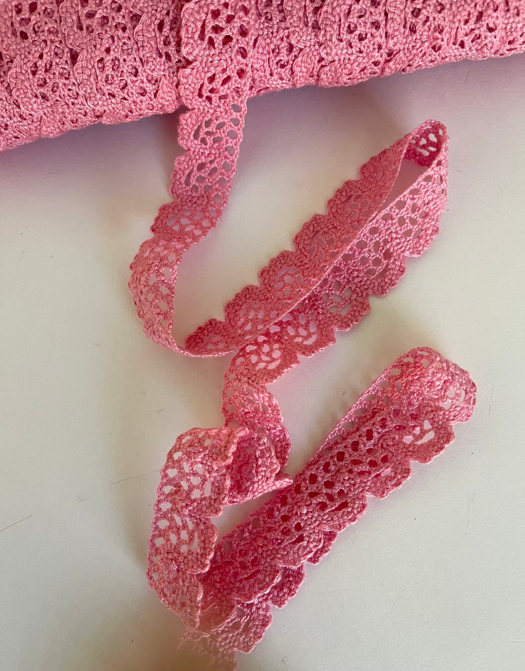 3/4" Pink Cotton Cluny Lace Knit Lace Trim, Scalloped Edge Crochet Look ...