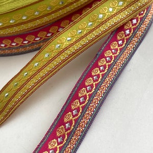 3/4" Vintage Chartreuse, Azalea Geometric Embroidered Metallic Silver ...