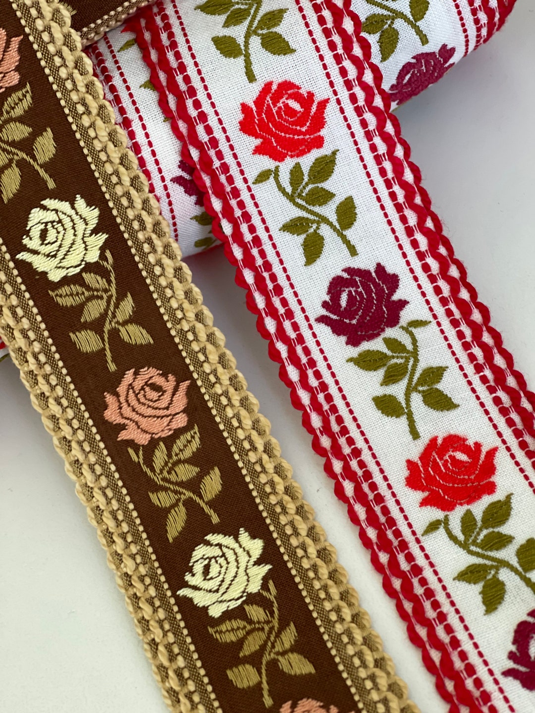 Vintage German Wide Cotton Floral Roses Embroidered Woven Jacquard ...