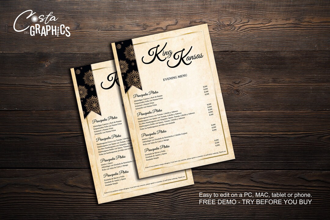 Editable Menu for Restaurant or Bar Instant Template to Print at Home ...